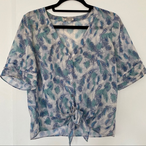 Froxx | Tops | Peacock Feather Blue Green Tie Front Buttonup Top | Poshmark